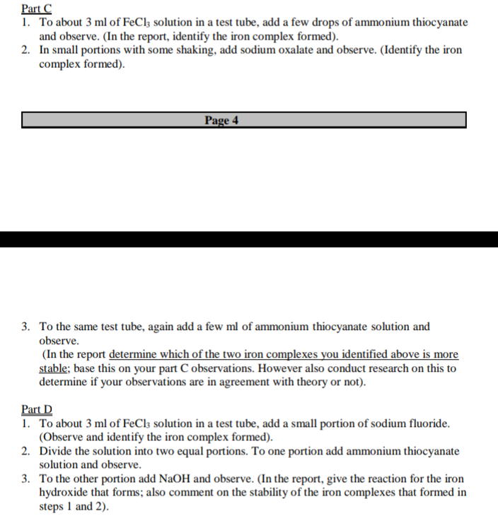 Solved Part C 1. To about 3 ml of FeCl3 solution in a test | Chegg.com