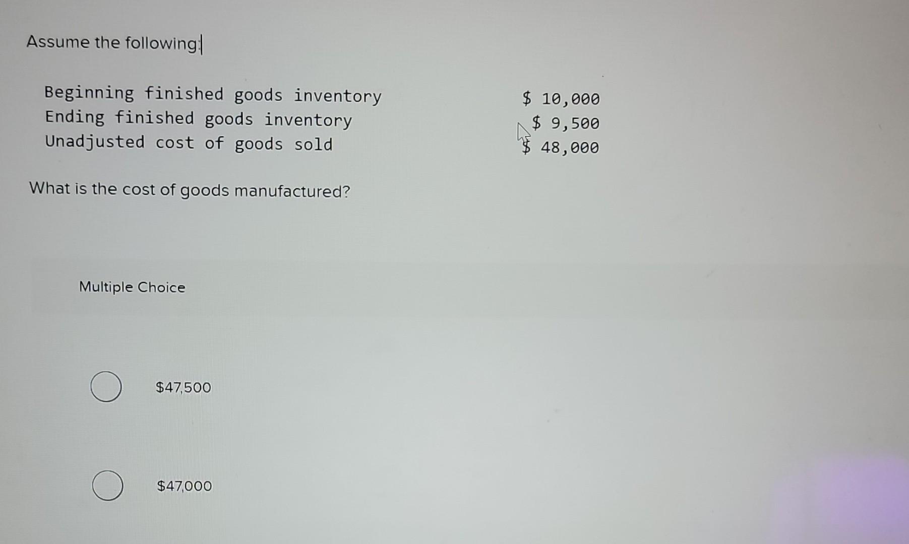 Solved Multiple Choice $47,500 $47,000Multiple Choice | Chegg.com