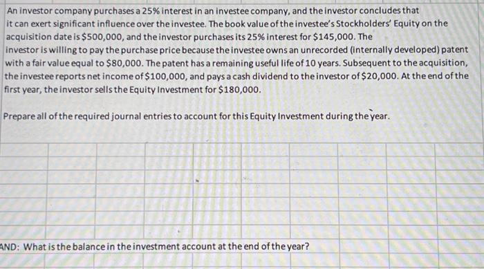 Solved An investor company purchases a 25% interest in an | Chegg.com