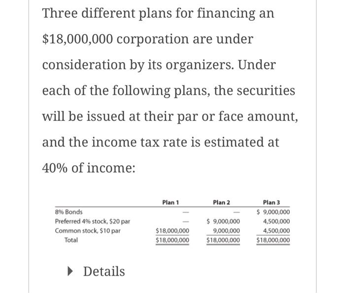 Solved Three different plans for financing an $18,000,000 | Chegg.com