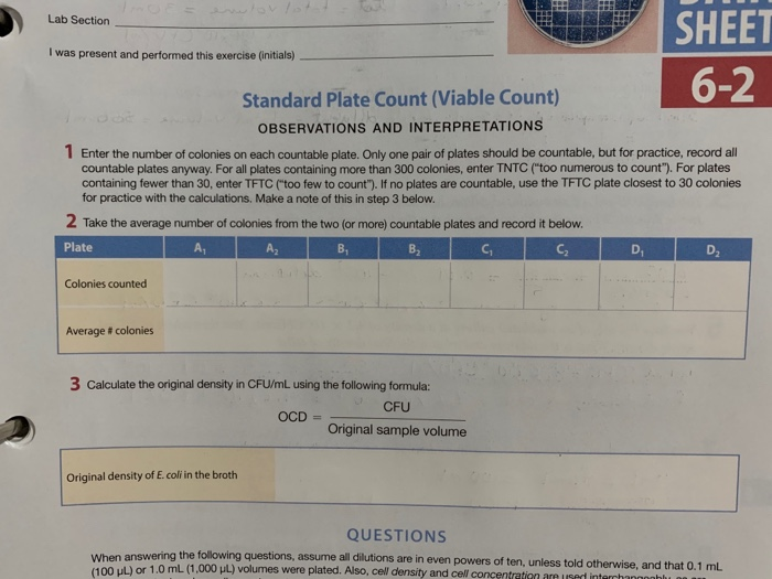 Lab Section I was present and performed this exercise | Chegg.com