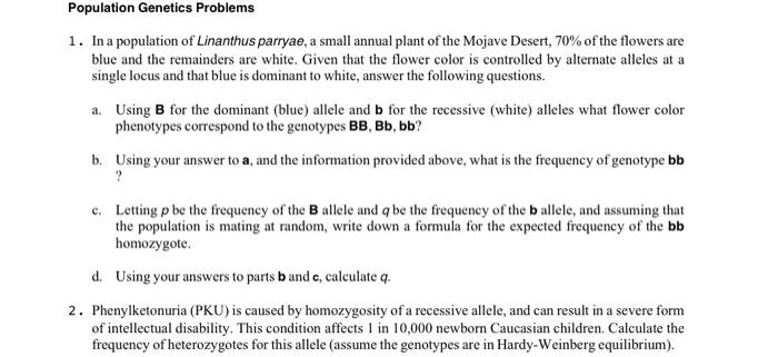 Solved Population Genetics Problems 1. In a population of | Chegg.com
