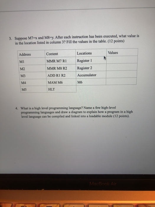 Solved 3. Suppose M7=x and M8=y. After each instruction has | Chegg.com