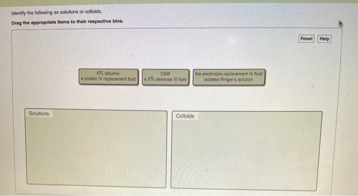 Solved Identify the following as solutions or colloids. Drag | Chegg.com