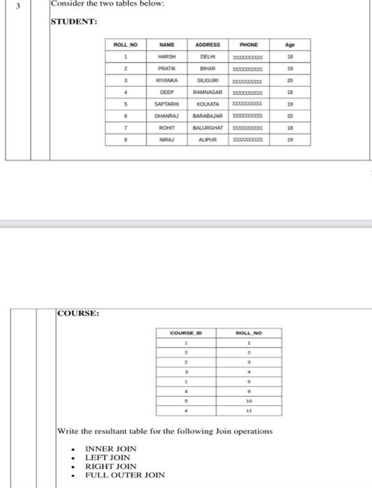 Solved Consider the two tables below: STUDENT: COURSE: Write | Chegg.com
