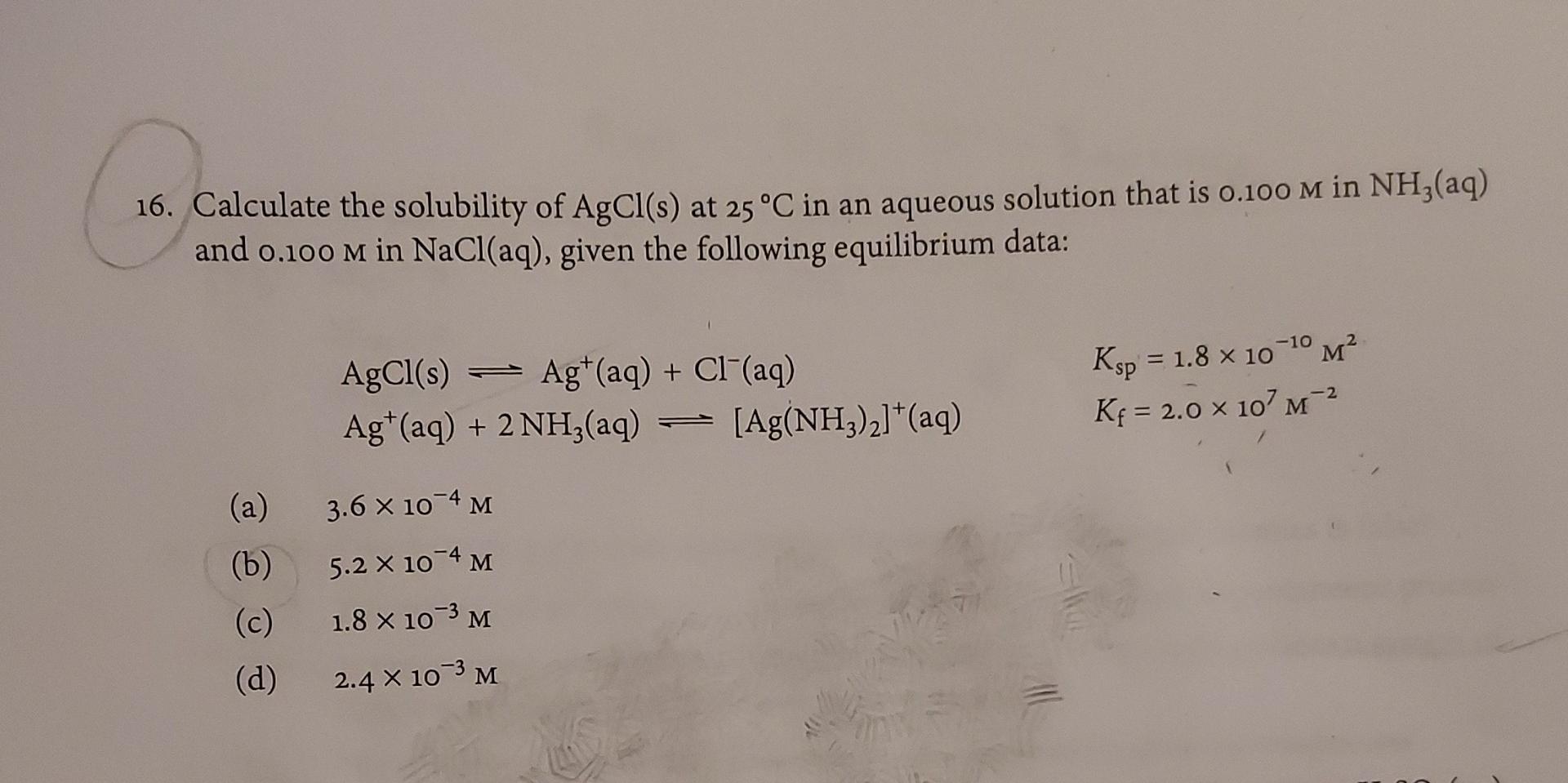 Solved Calculate the solubility of AgCl(s) at 25°C in an | Chegg.com