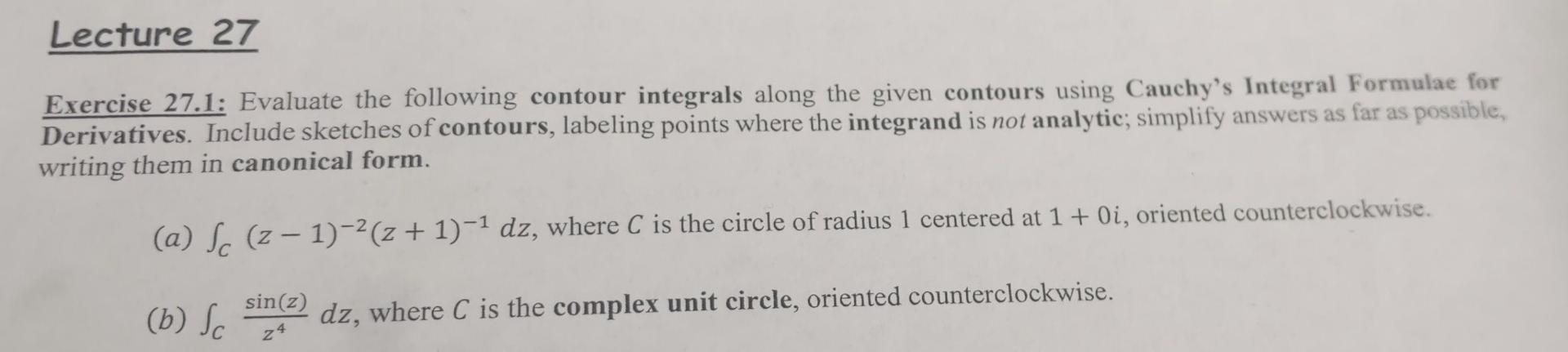 Solved Exercise 27.1: Evaluate the following contour | Chegg.com
