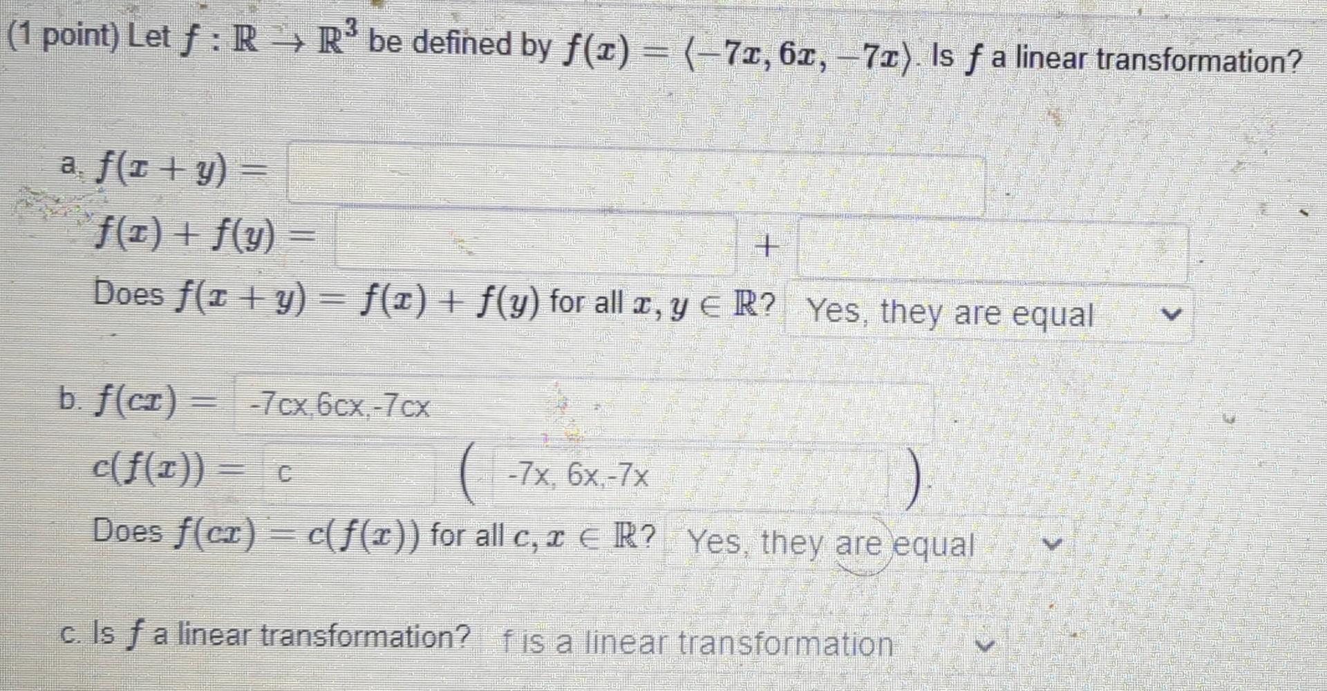 Solved (1 point) Let f:R→R3 be defined by f(x)= −7x,6x,−7x . | Chegg.com