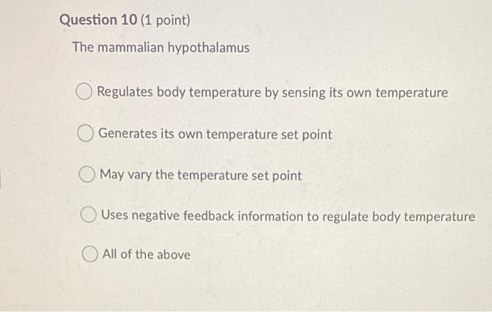 Solved Question 10 (1 point) The mammalian hypothalamus | Chegg.com