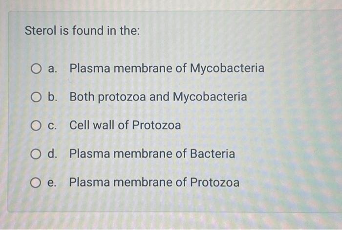 Solved Sterol is found in the: O a. Plasma membrane of | Chegg.com
