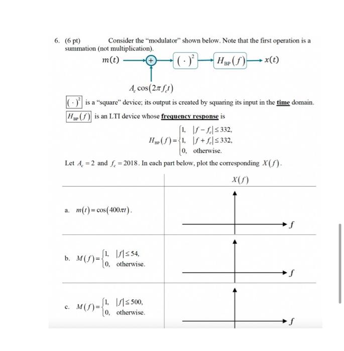Solved 6. (6pt) Consider the "modulator" shown below. Note | Chegg.com