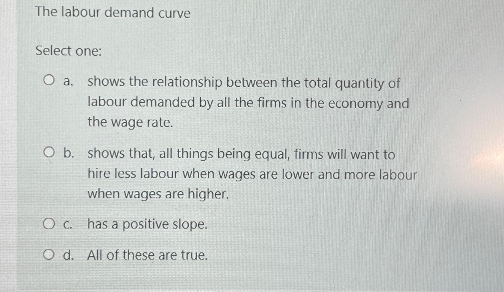 Solved The labour demand curveSelect one:a. ﻿shows the | Chegg.com