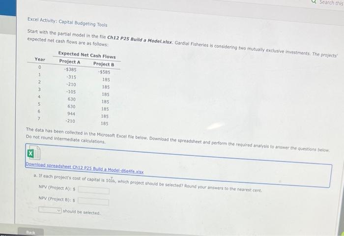 Solved Excel Activity: Capital Budgeting Tools Start with | Chegg.com
