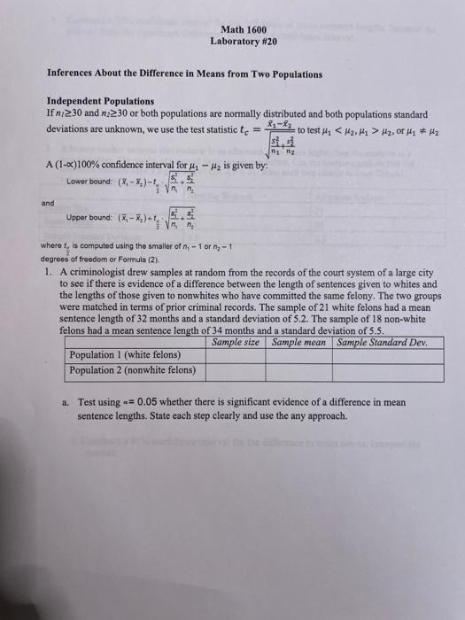 Solved Math 1600 Laboratory #20 Inferences About the | Chegg.com