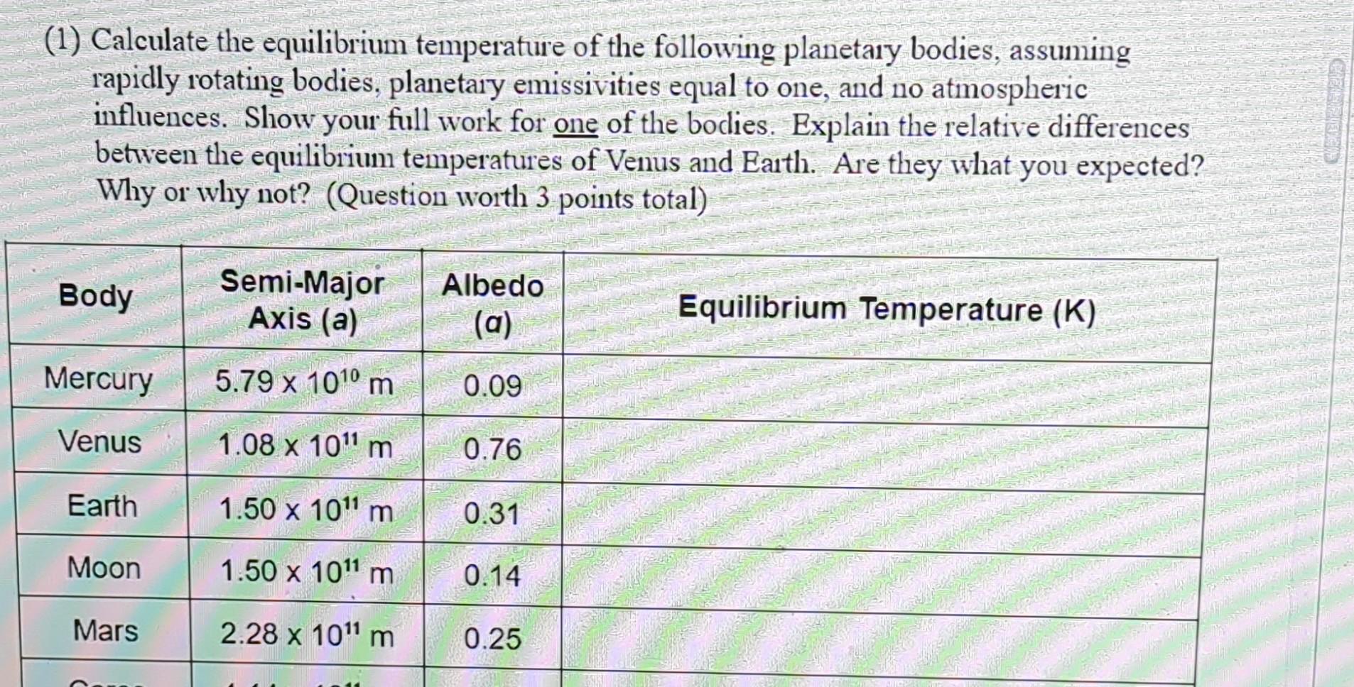 Solved (1) Calculate the equilibrium temperature of the | Chegg.com