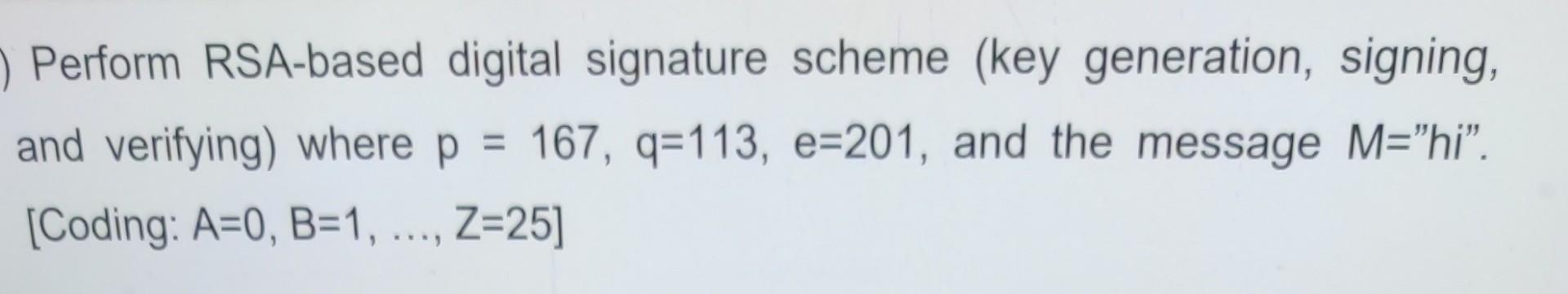 Solved ) Perform RSA-based digital signature scheme (key | Chegg.com