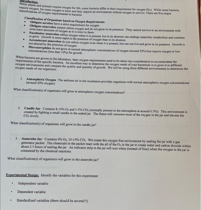 Solved Introduction: While plants and animals require oxygen | Chegg.com