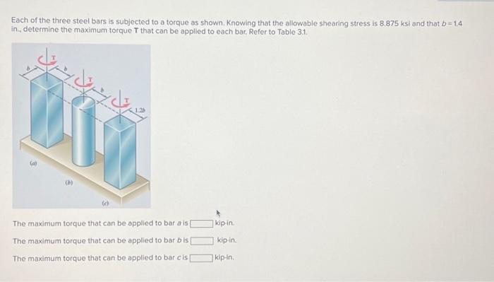 Solved Each of the three steel bars is subjected to a torque | Chegg.com