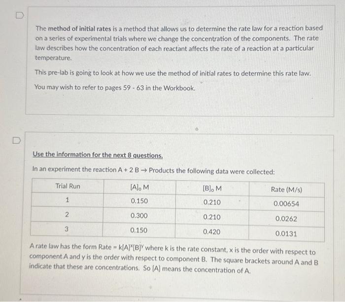 Solved The Method Of Initial Rates Is A Method That Allows