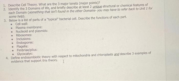 Solved 1. Describe Cell Theory. What are the 3 major tenets | Chegg.com