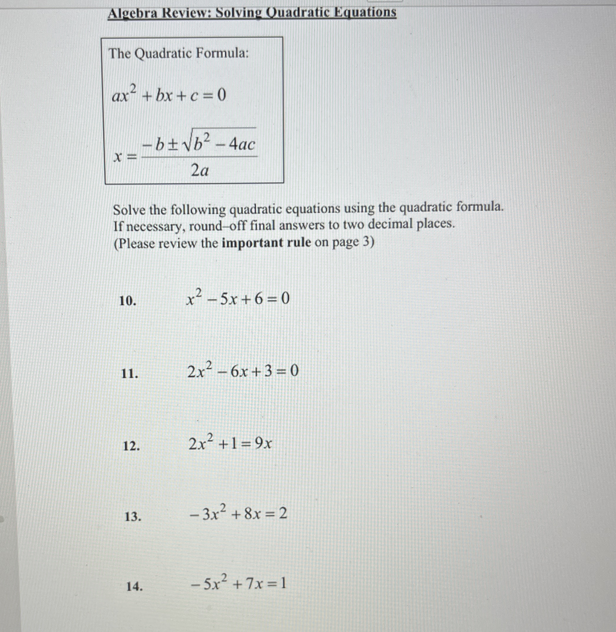 Solved Algebra Review: Solving Ouadratic EquationsThe | Chegg.com