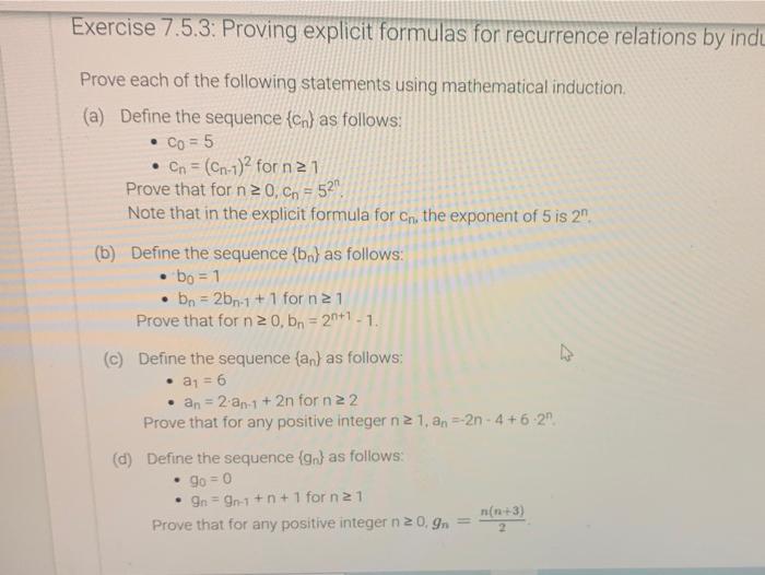 Solved Exercise 7.5.3: Proving explicit formulas for | Chegg.com