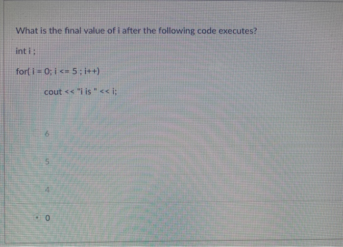 Solved What is the value of i after the following code | Chegg.com