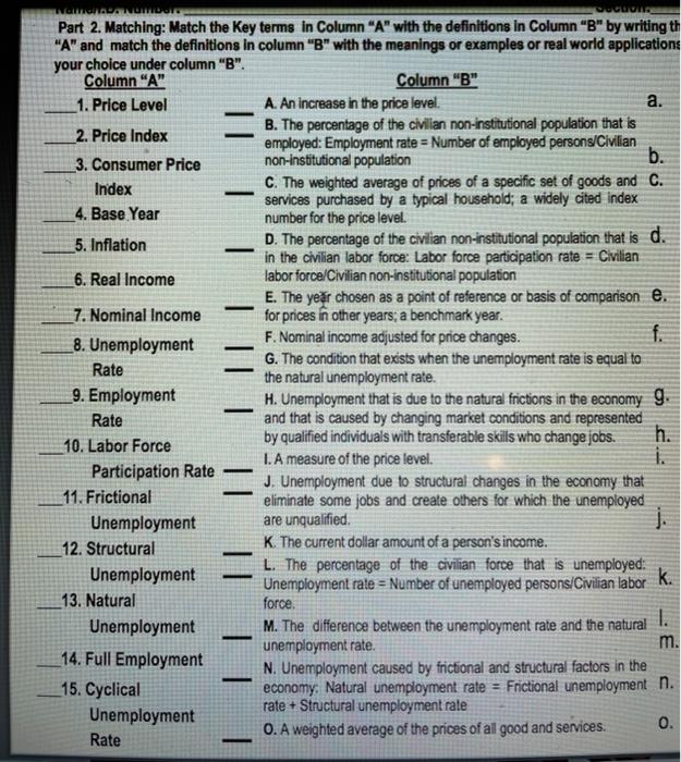 Solved Part 2. Matching: Match the Key terms in Column "A" | Chegg.com