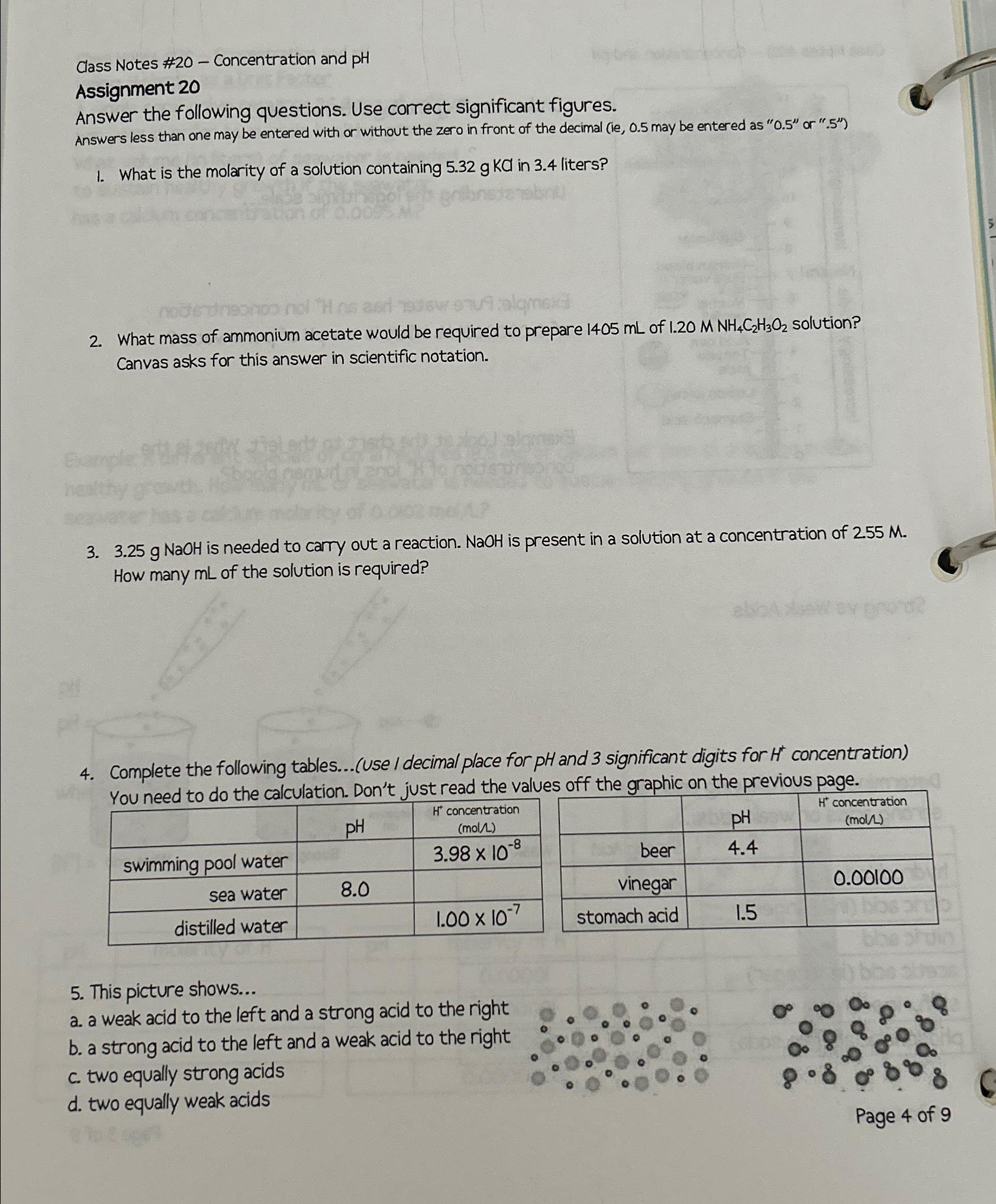 Solved Class Notes #20 - ﻿Concentration and pHAssignment | Chegg.com