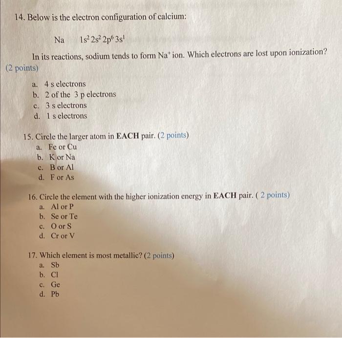 Solved 14. Below is the electron configuration of calcium: | Chegg.com