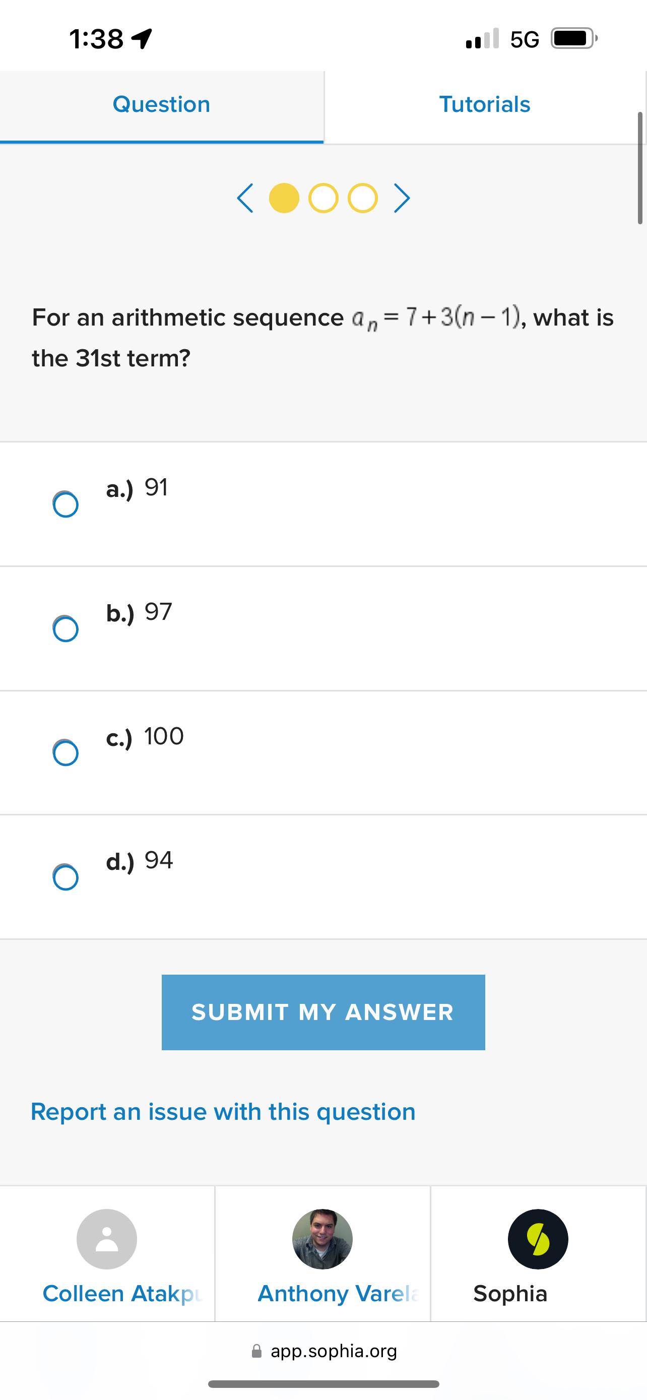 Solved 1:38 1QuestionTutorialsFor an arithmetic sequence | Chegg.com