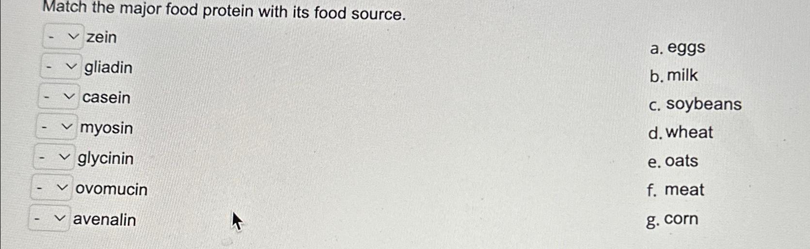 Solved Match the major food protein with its food | Chegg.com