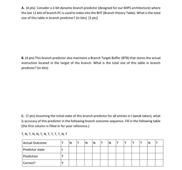 Solved A. (4 pts) Consider a 2-bit dynamic branch predictor | Chegg.com