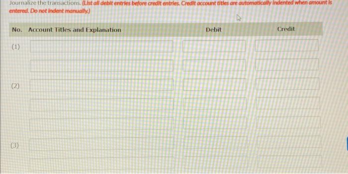 Solved Journalize the transactions. (List all debit entries | Chegg.com