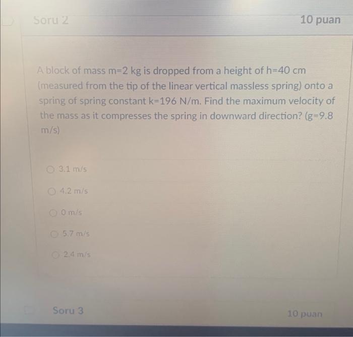 Solved A block of mass m=2 kg is dropped from a height of | Chegg.com