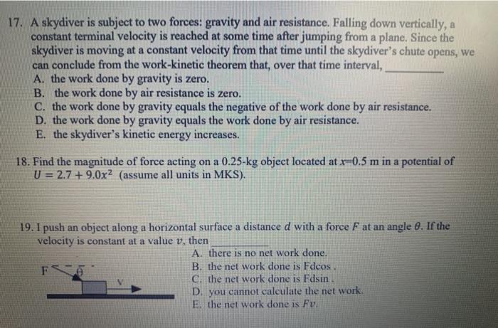 Solved 17. A skydiver is subject to two forces: gravity and | Chegg.com