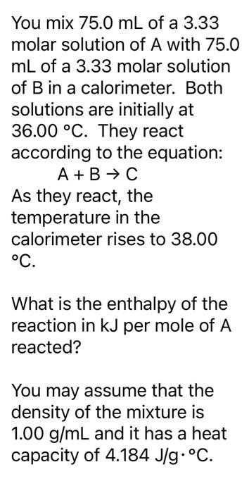Solved You mix 75.0 mL of a 3.33 molar solution of A with | Chegg.com