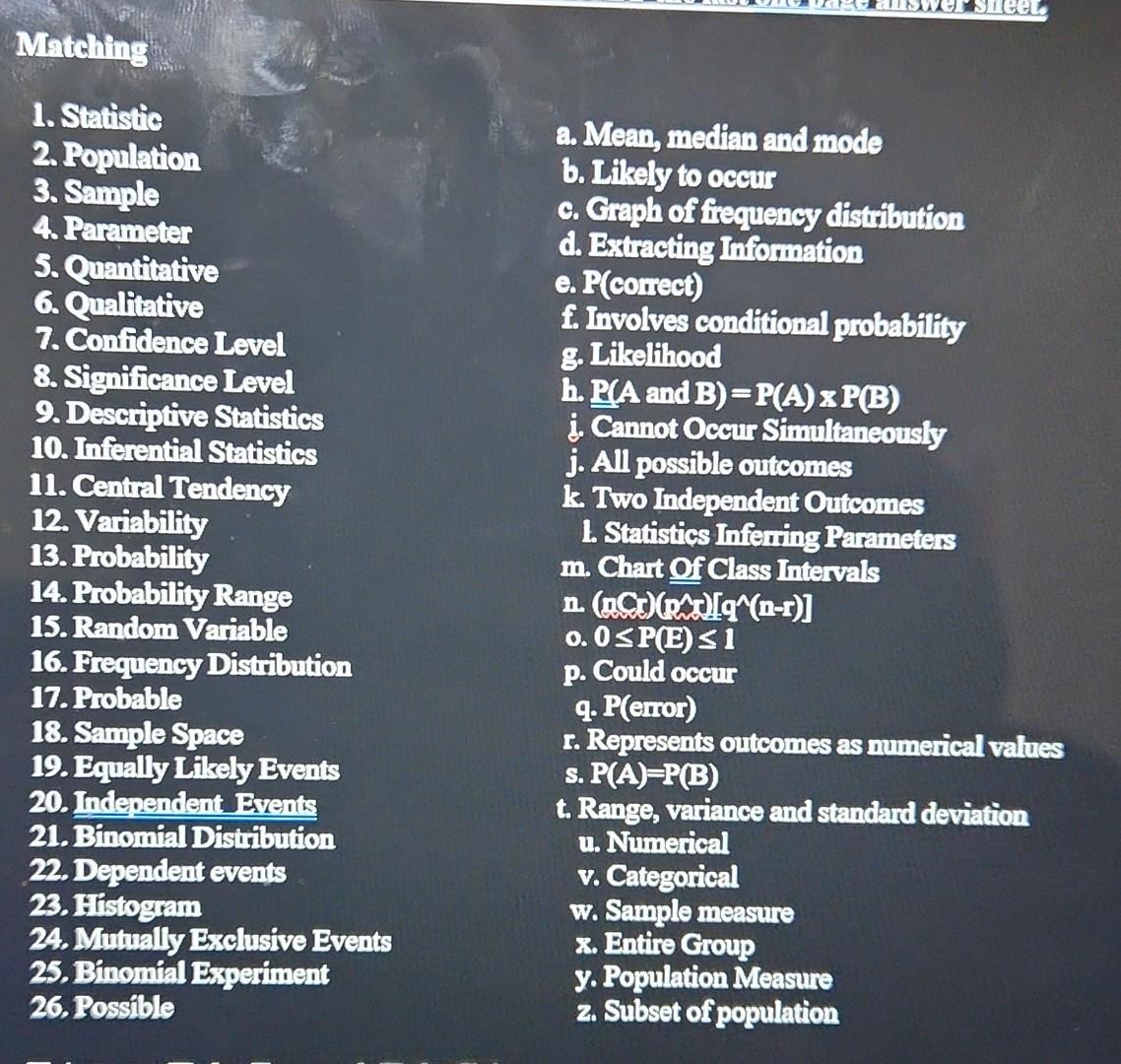 Solved Matehing 1 Statistic 2 Population 3 Sample 4 6263