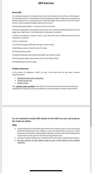 Solved OFD Exercise About QFD Ita extremely important to | Chegg.com