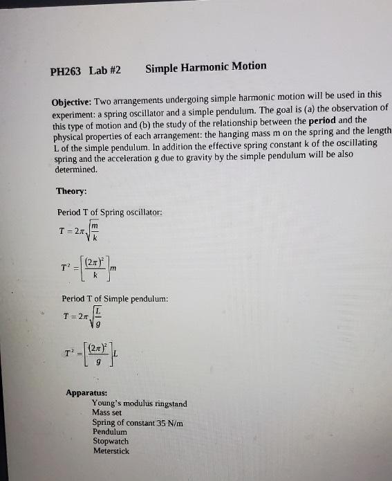Solved PH263 Lab #2 Simple Harmonic Motion Objective: Two | Chegg.com