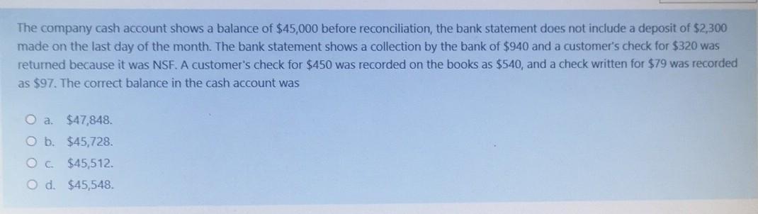 Solved The company cash account shows a balance of $45,000 | Chegg.com