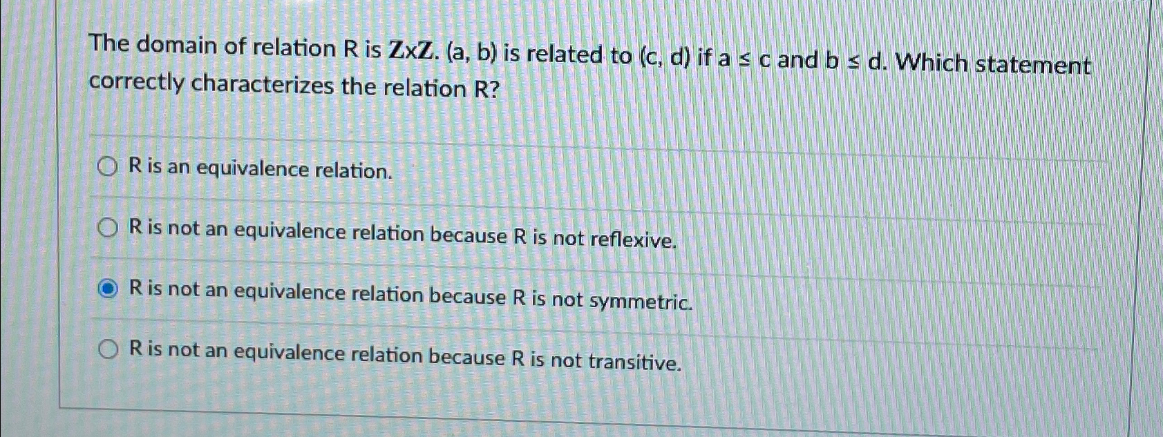 Solved The domain of relation R ﻿is Z×Z. (a,b) ﻿is related | Chegg.com