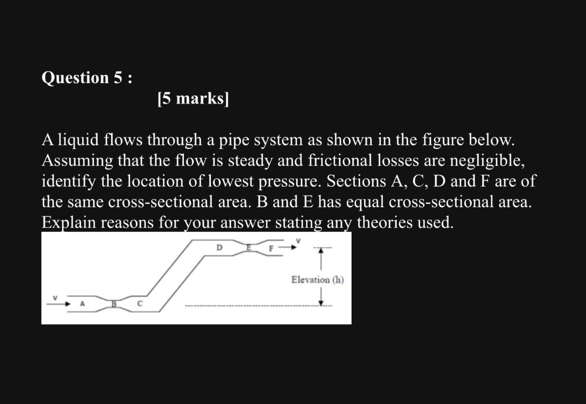 Solved Question 5 ﻿:[5 ﻿marks]A liquid flows through a pipe | Chegg.com