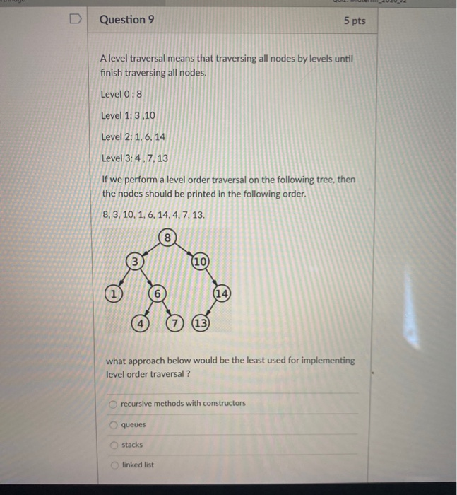 Solved Question 9 5 pts A level traversal means that | Chegg.com