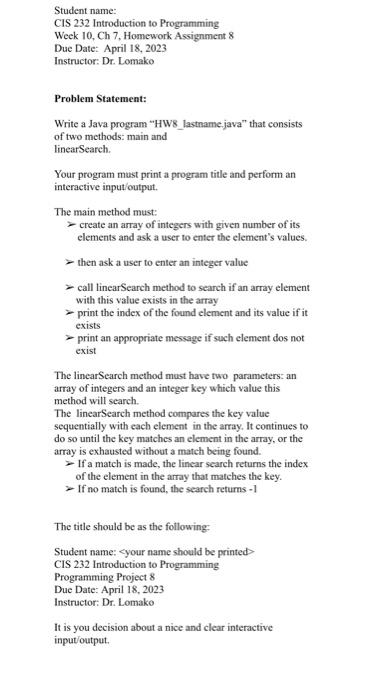 Solved Student name: CIS 232 Introduction to Programming | Chegg.com