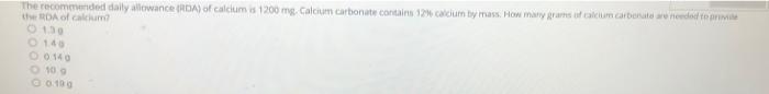 Solved The recommended daily allowance (RDA) of calcium is | Chegg.com