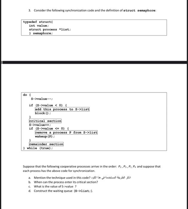 Solved 3 Consider The Following Synchronization Code And 9796