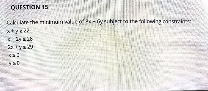 Solved QUESTION 15 Calculate the minimum value of 8x + 6y | Chegg.com