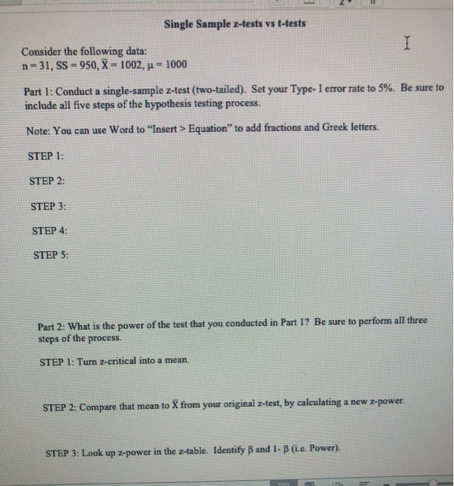 Solved Single Sample z-tests vs t-tests I Consider the | Chegg.com