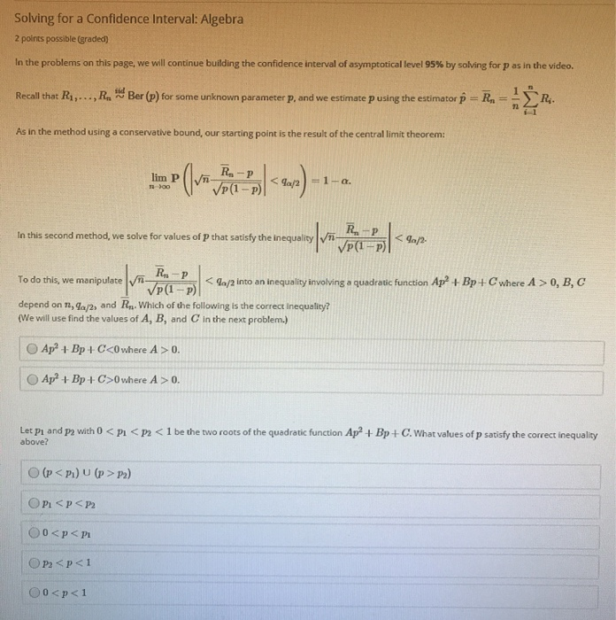 Solving for a Confidence Interval: Algebra 2 points | Chegg.com